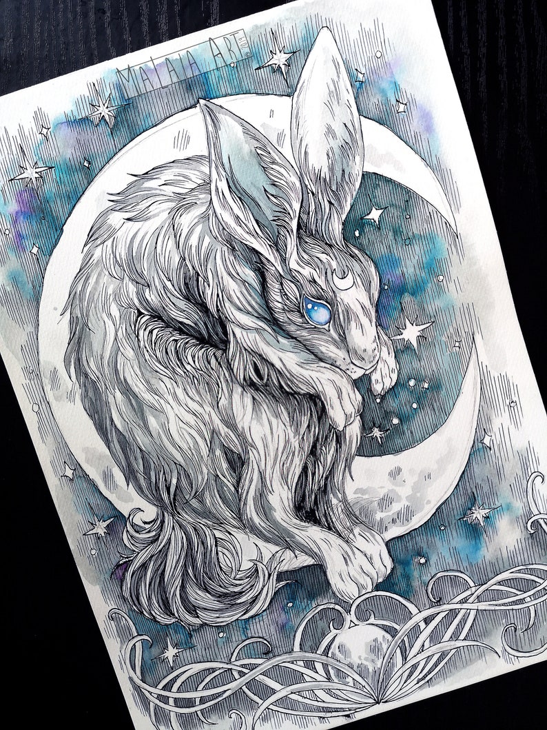 Chinese Zodiac Rabbit Starry Night Moon Bunny Original Ink | Etsy