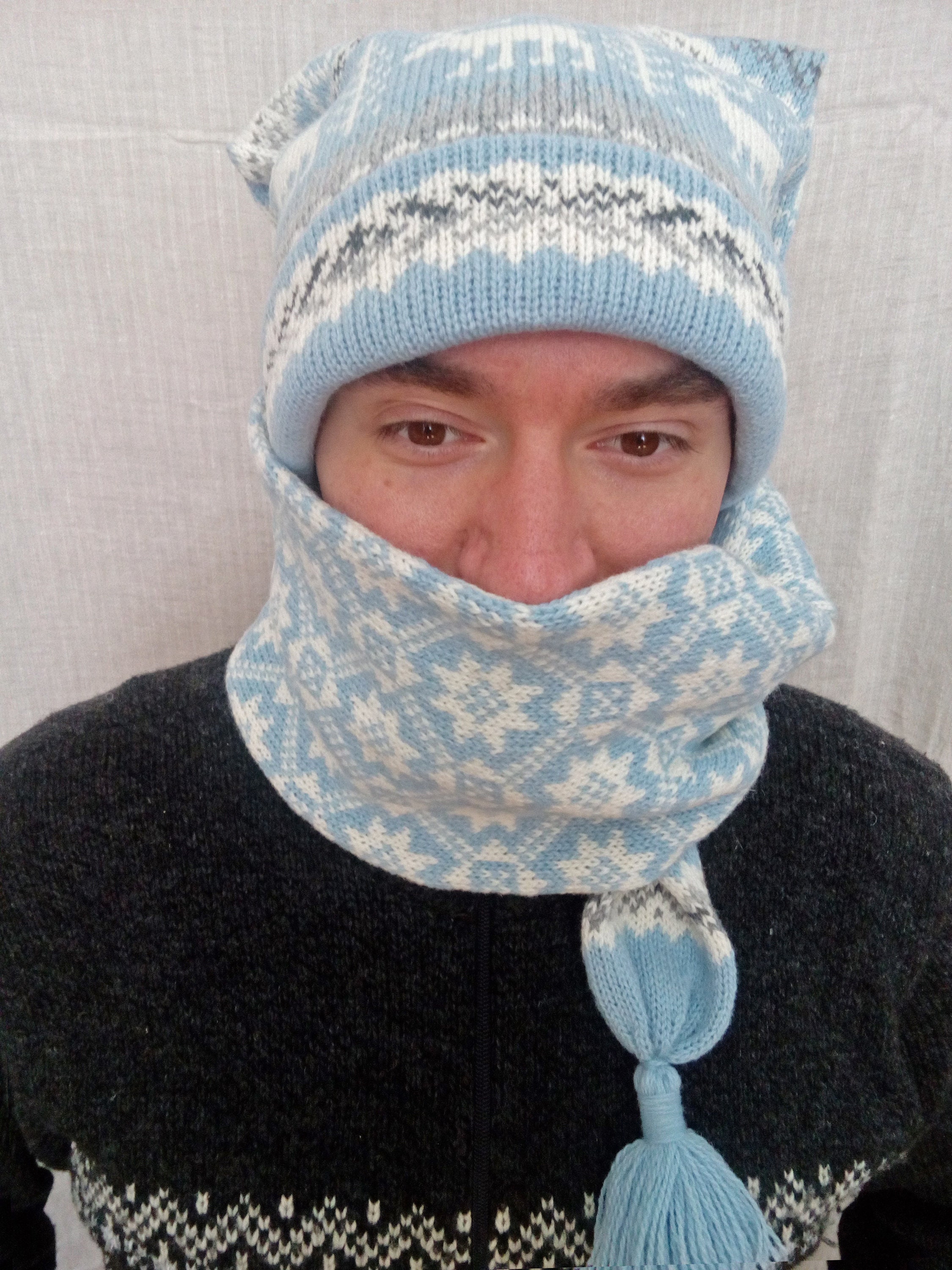 Blue White Scarf Hat, Long Tail Wool Hat, Warm Winter Hat, 100% Sheep's ...