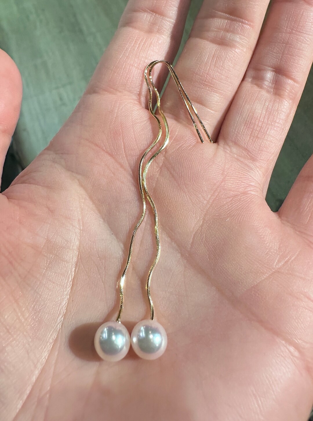 18K Gold Dangle Ear Thread Threader Earring,pearl Drop Earring,pearl ...