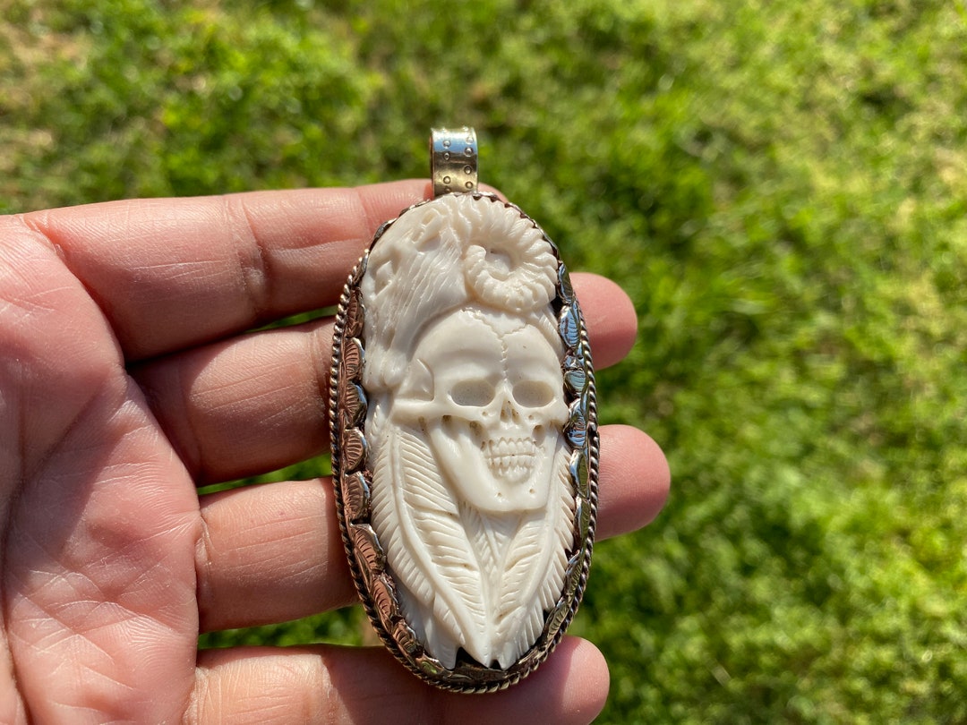 Large Carved Bone Skull With Sheep Tibetan Silver Pendant, Buffalo Bone ...