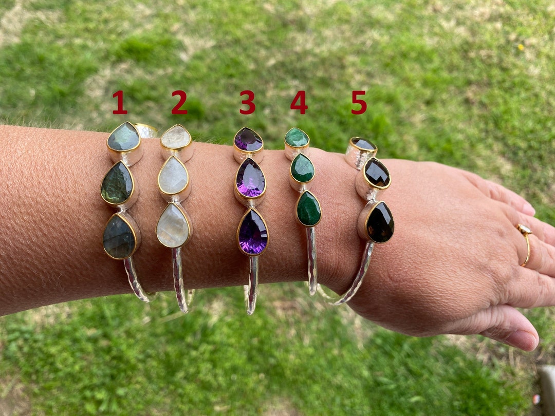 Two Tone Adjustable Gemstone Bracelet, Brushed Silver With Gold Overlay ...