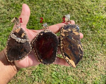 Large Raw Slab Amber Tibetan Silver Pendant, Fossilized Amber Jewelry ...