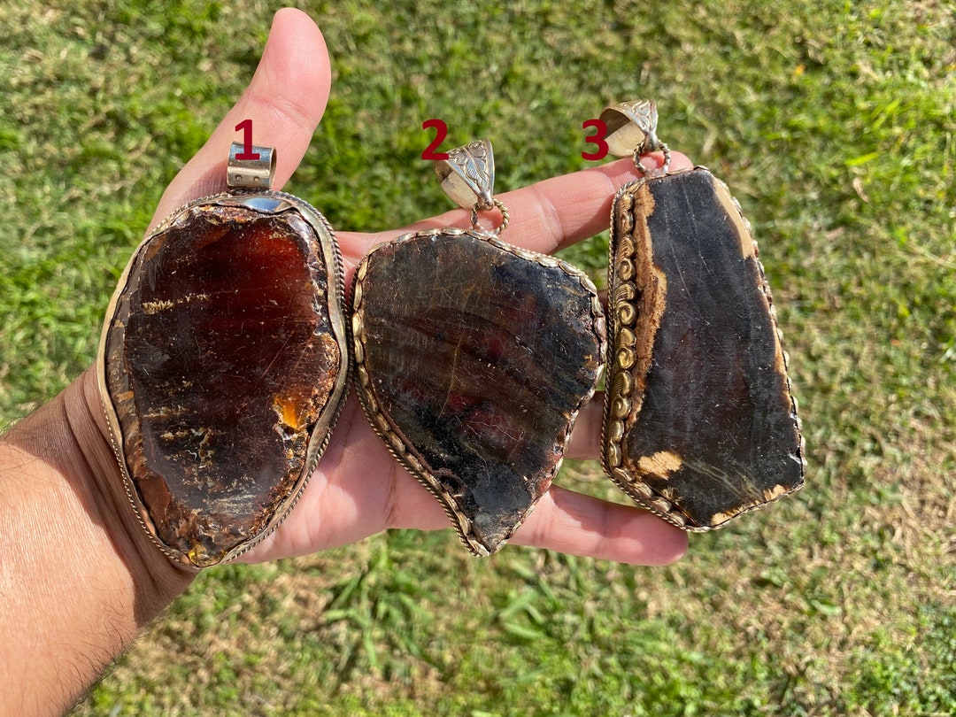 Large Raw Slab Amber Tibetan Silver Pendant, Fossilized Amber Jewelry ...