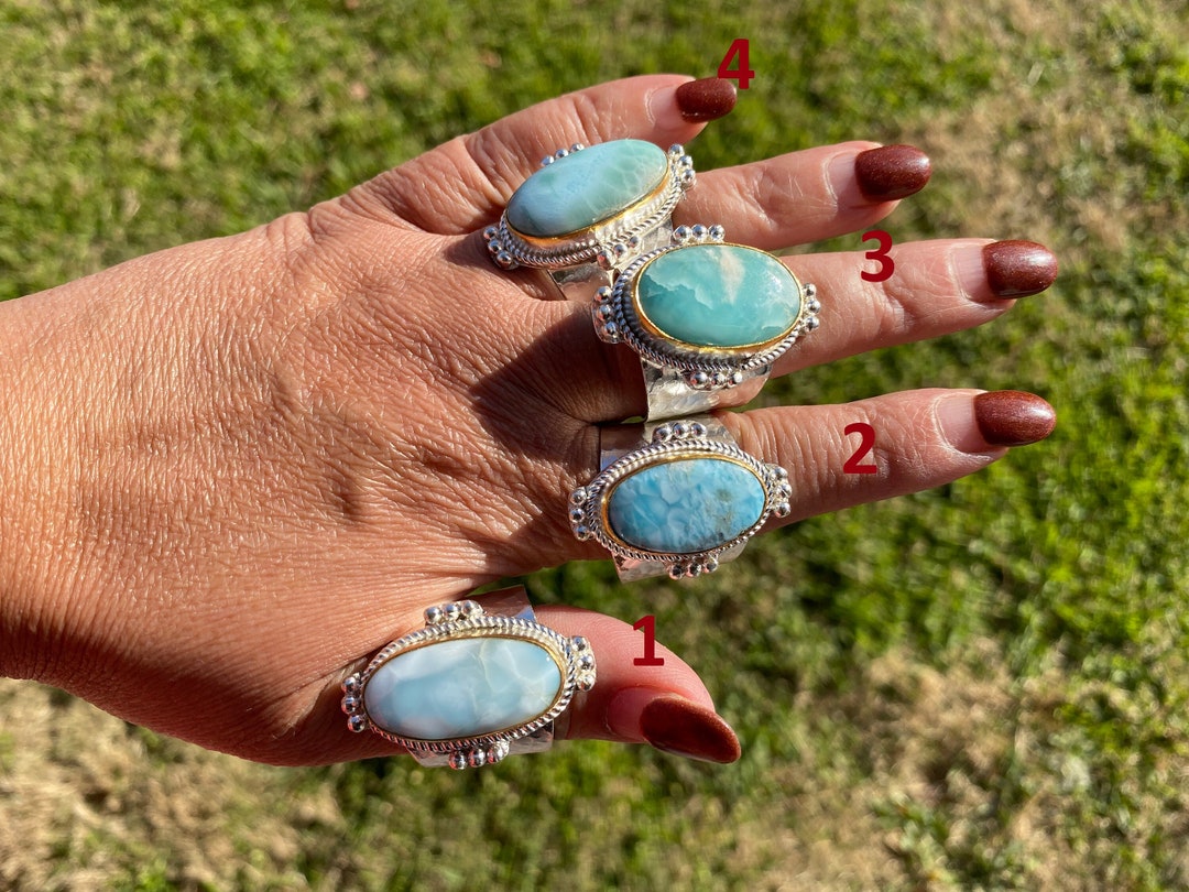 Larimar Two Tone Big Adjustable Ring, Brushed Gold & Silver Overlay ...