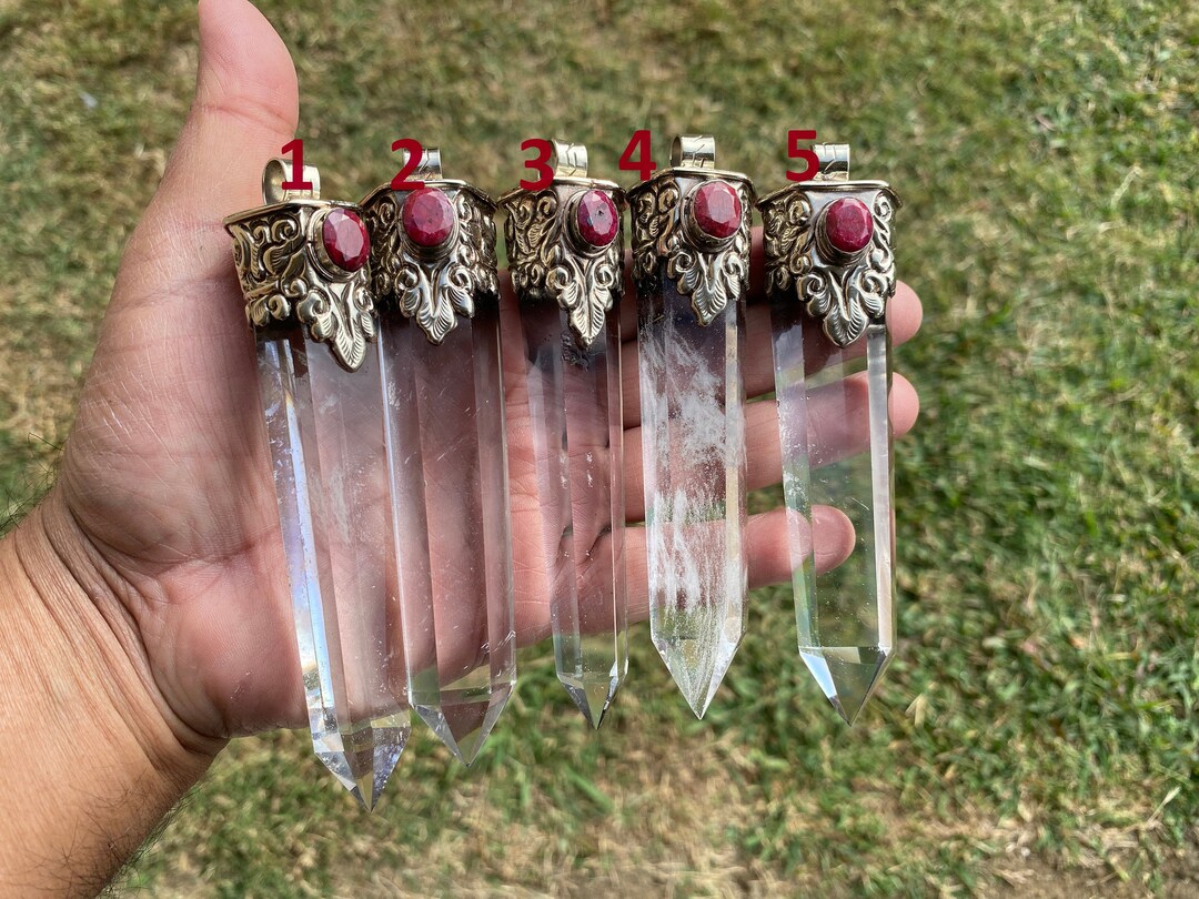 Long Pointed Crystal With Ruby Tibetan Silver Pendant, Healing Crystal ...