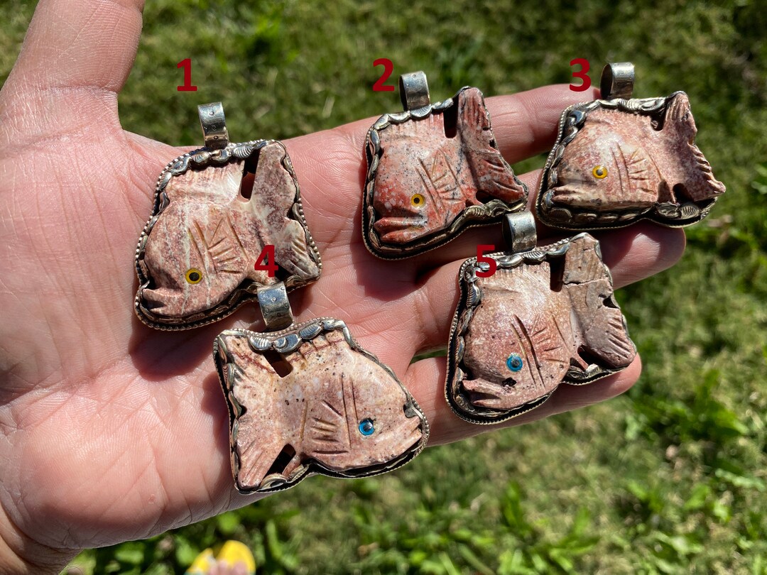 Natural Stone Carved Fish Figurine Soapstone Tibetan Silver Pendant ...