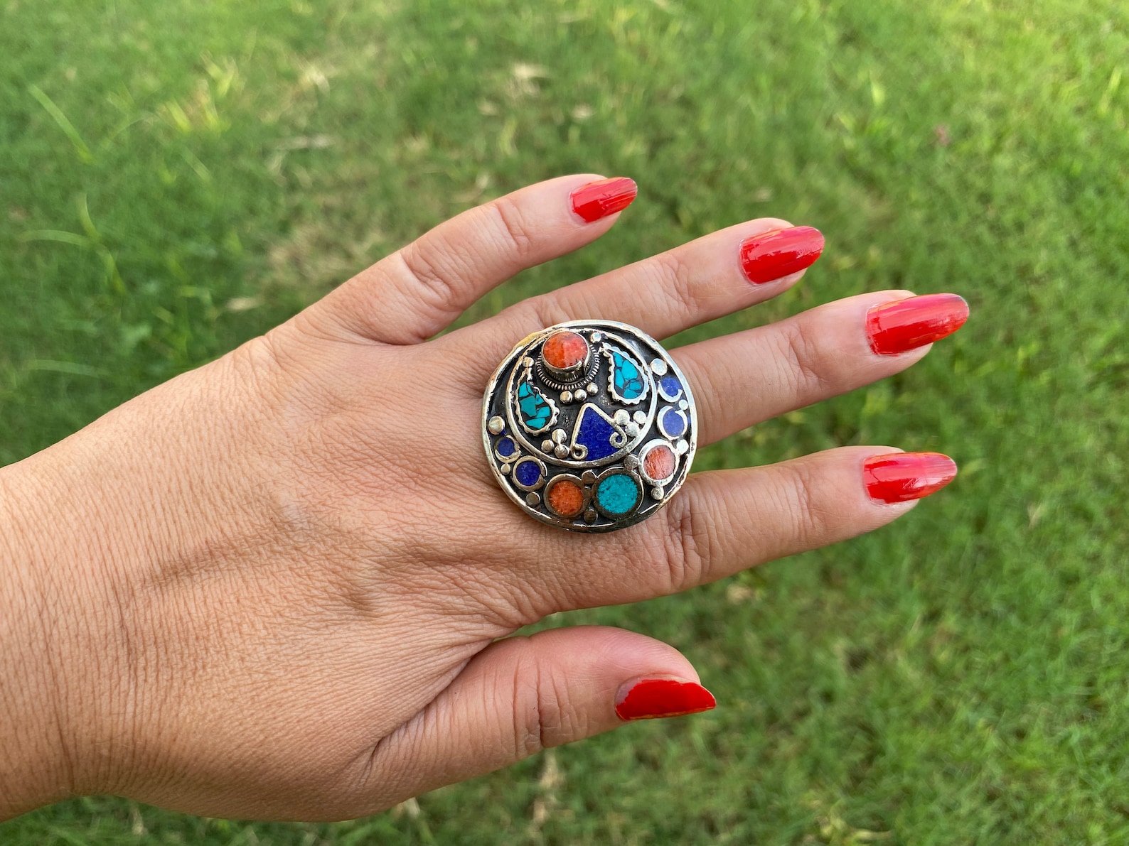 Large Adjustable Tibetan Silver Ring Turquoise Coral & Lapis | Etsy