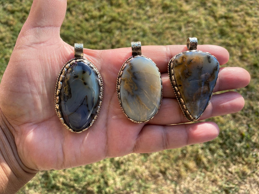 Large Dendritic Scenic Agate Natural Gemstone, Tibetan Silver Pendant ...