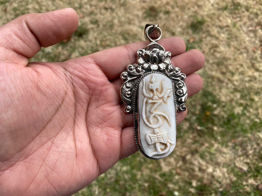 Large Om Trident Bone Tibetan Silver Pendant, Trident With Damaru ...