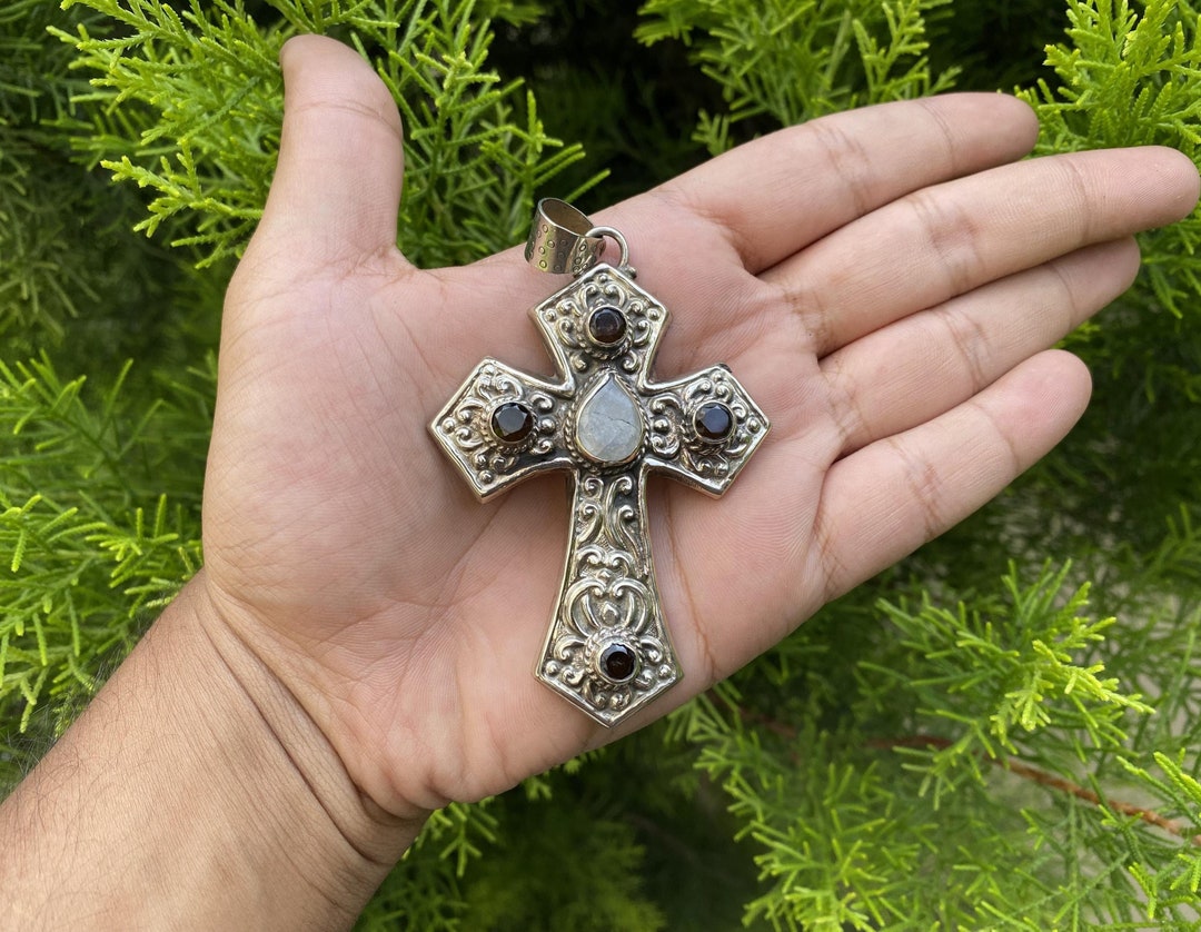 Large Tibetan Silver Cross Pendant With Moonstone and Smoky Quartz ...