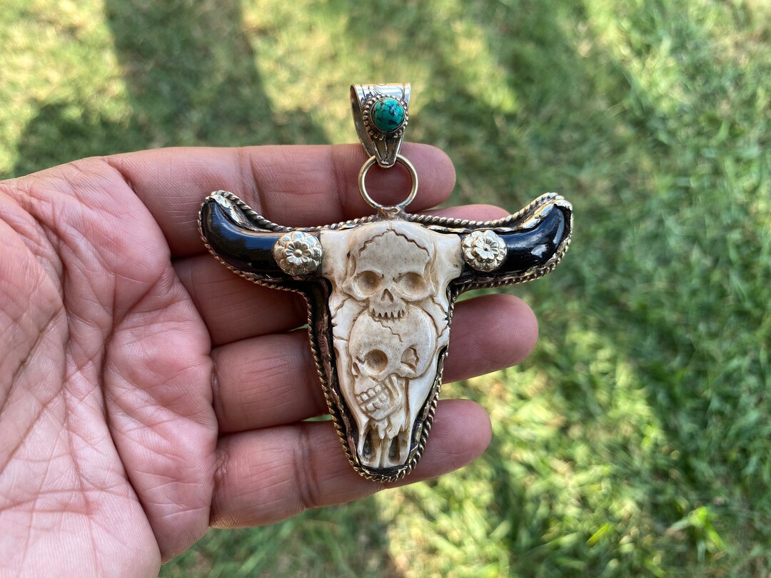 Large Carved Bone Longhorn Tibetan Silver Pendant, Natural Turquoise ...