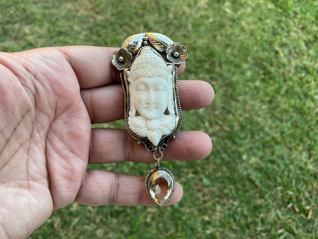 Large Carved Bone Buddha Head With Citrine Gemstone Tibetan Silver ...