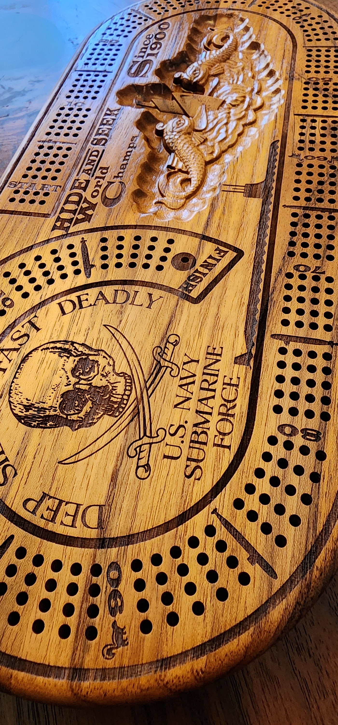 Teak - 4 - Player Submarine Cribbage Board With Carved Dolphins Deep ...