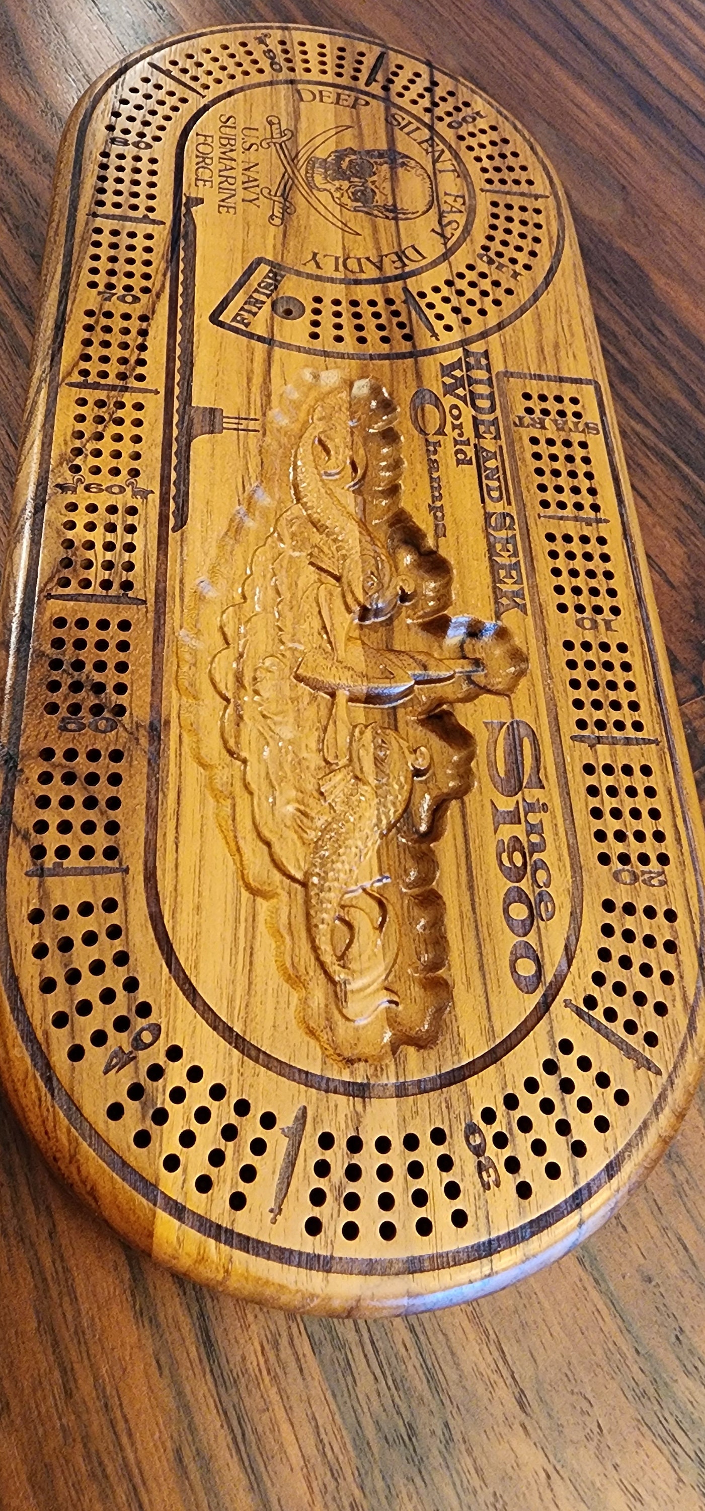Teak - 4 - Player Submarine Cribbage Board With Carved Dolphins Deep ...