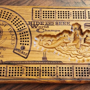 Teak - 4 - Player Submarine Cribbage Board With Carved Dolphins Deep ...