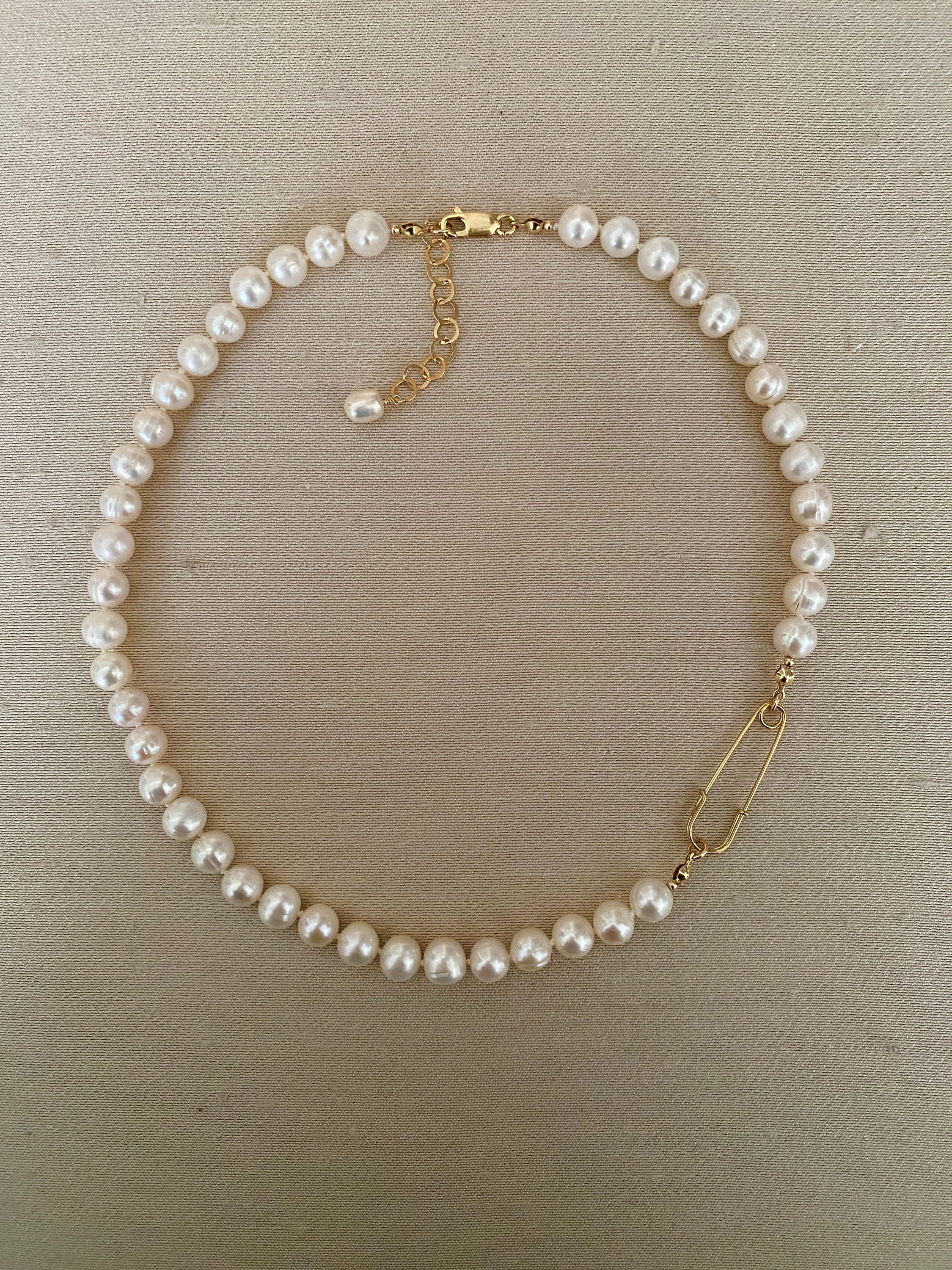 Edgy Safety Pin Pearl Necklace With Baroque Freshwater Pearls in 14KT ...