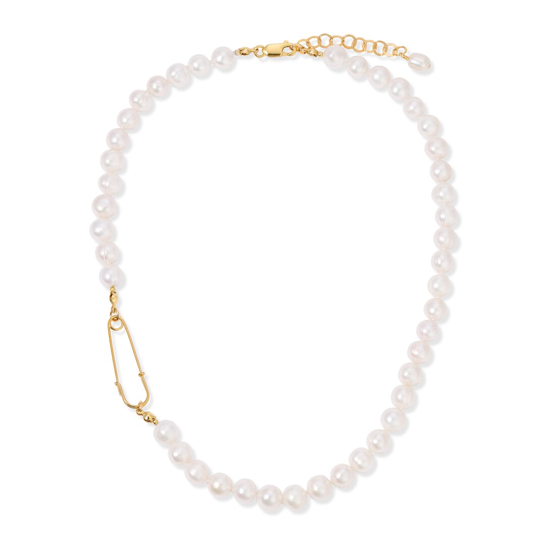 Edgy Safety Pin Pearl Necklace With Baroque Freshwater Pearls in 14KT ...