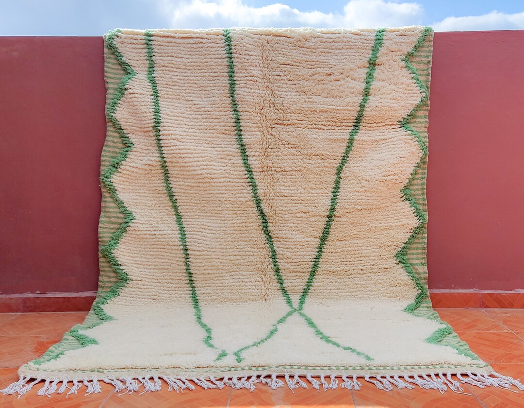 Boho Morrocan Rug, Green Beni Ourain Rug, Custom Morocco Rug, White and ...