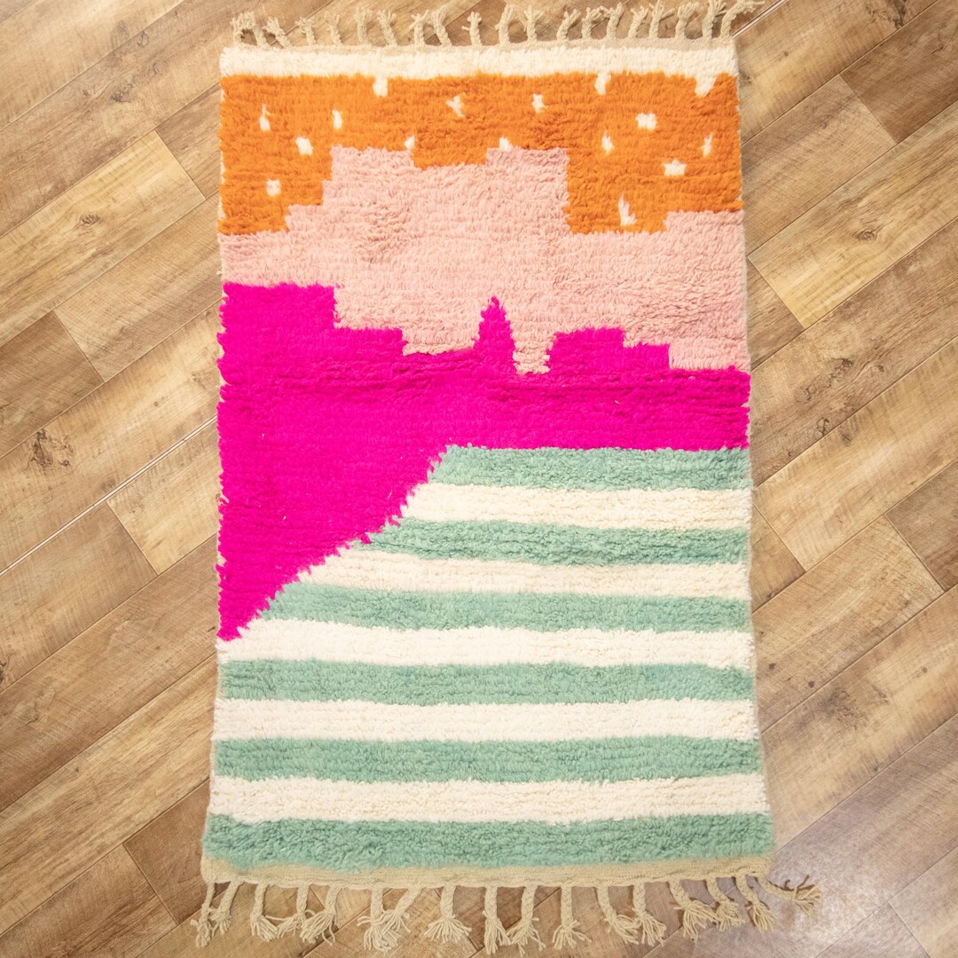 Green and Pink Wool Rug - Moroccan Soft Colorful Rug for Living Room ...
