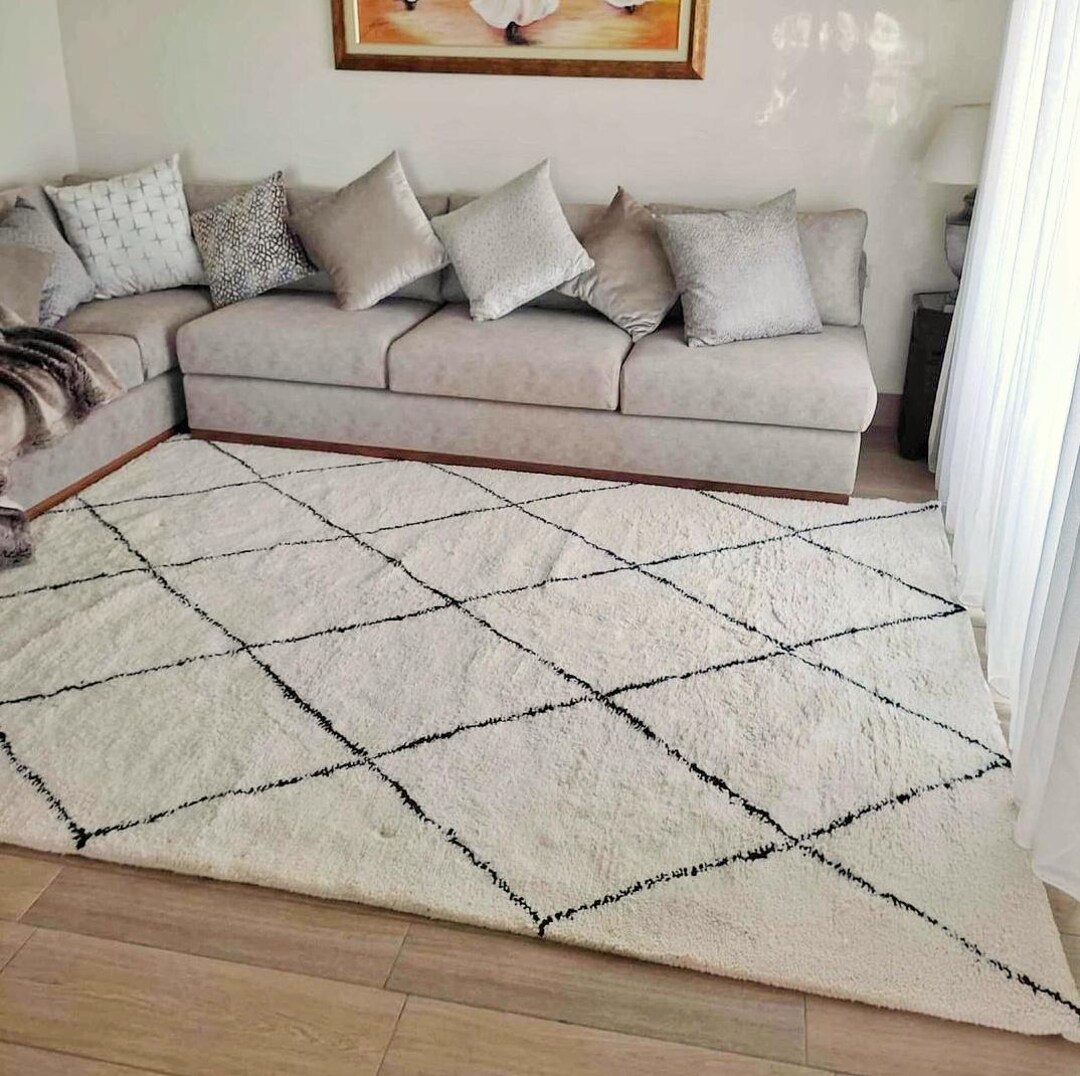 Large Cream Moroccan Rug, White Black Beni Ourain Rug, Wool Shag Rug ...