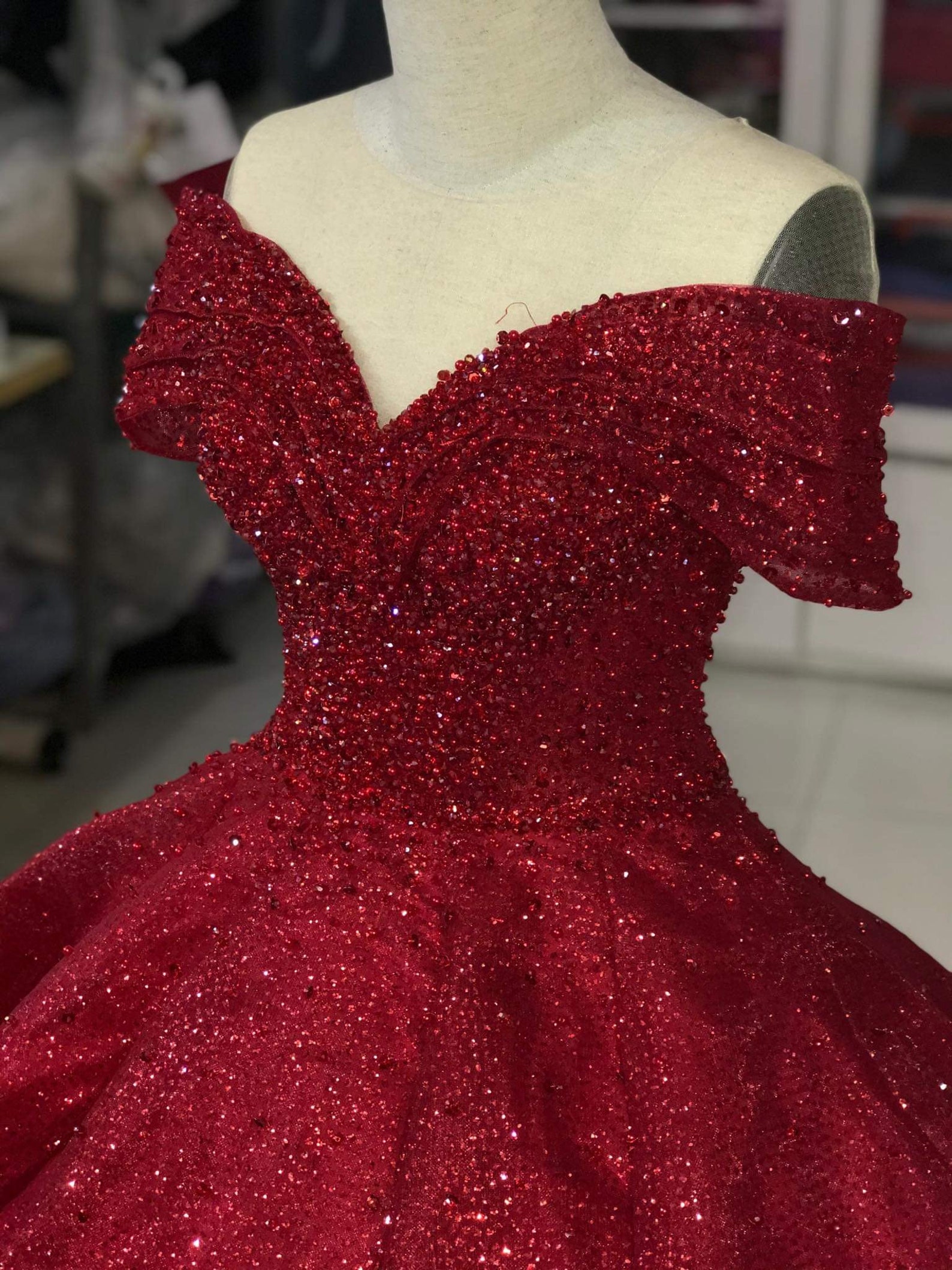 Off Shoulder Dress - off Shoulder Red Dress - Red Glitter Fabric - Red ...