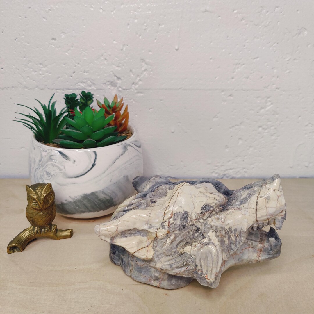 Large Beautiful Rare Yellow Picasso Jasper Wolf Head Carving, Wolf ...