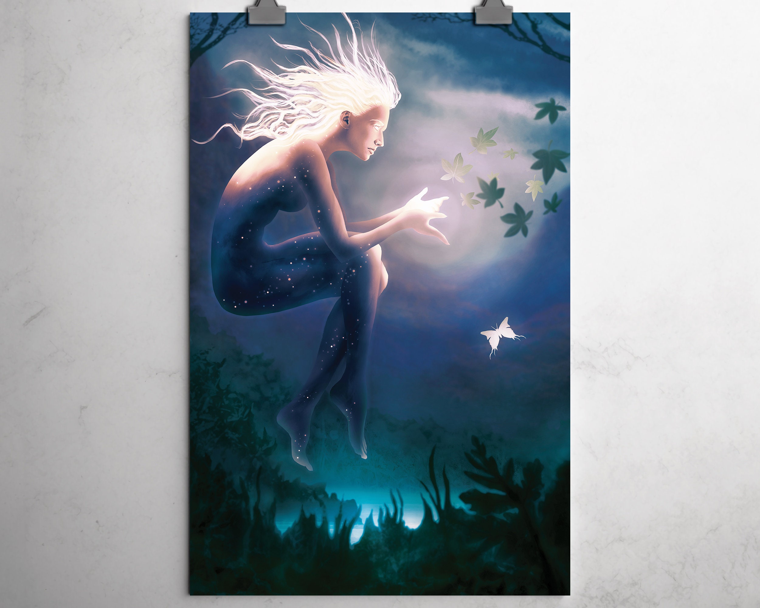 Nature Goddess With Leaves and Moth Art Print, Fantasy Wall Decor ...