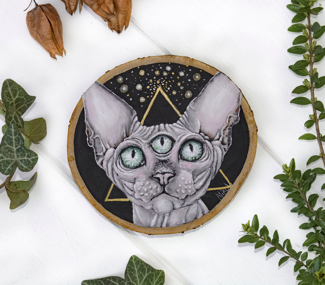 Sphynx Third Eye Cat Painting on Wood Slice, Cats Spirit Animal ...