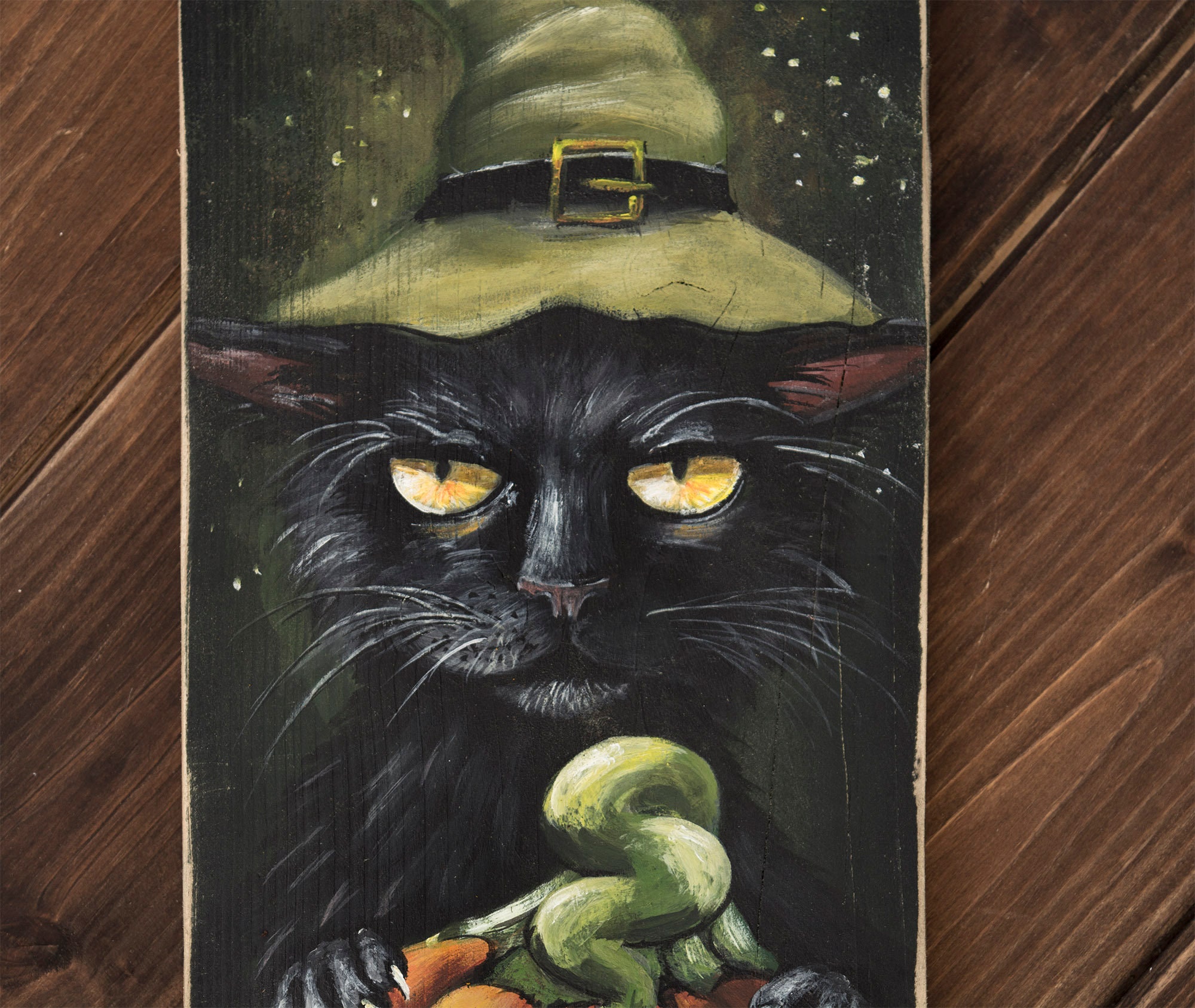 Halloween Black Cat Original Painting, Rustic Witchy Wall Art - Etsy