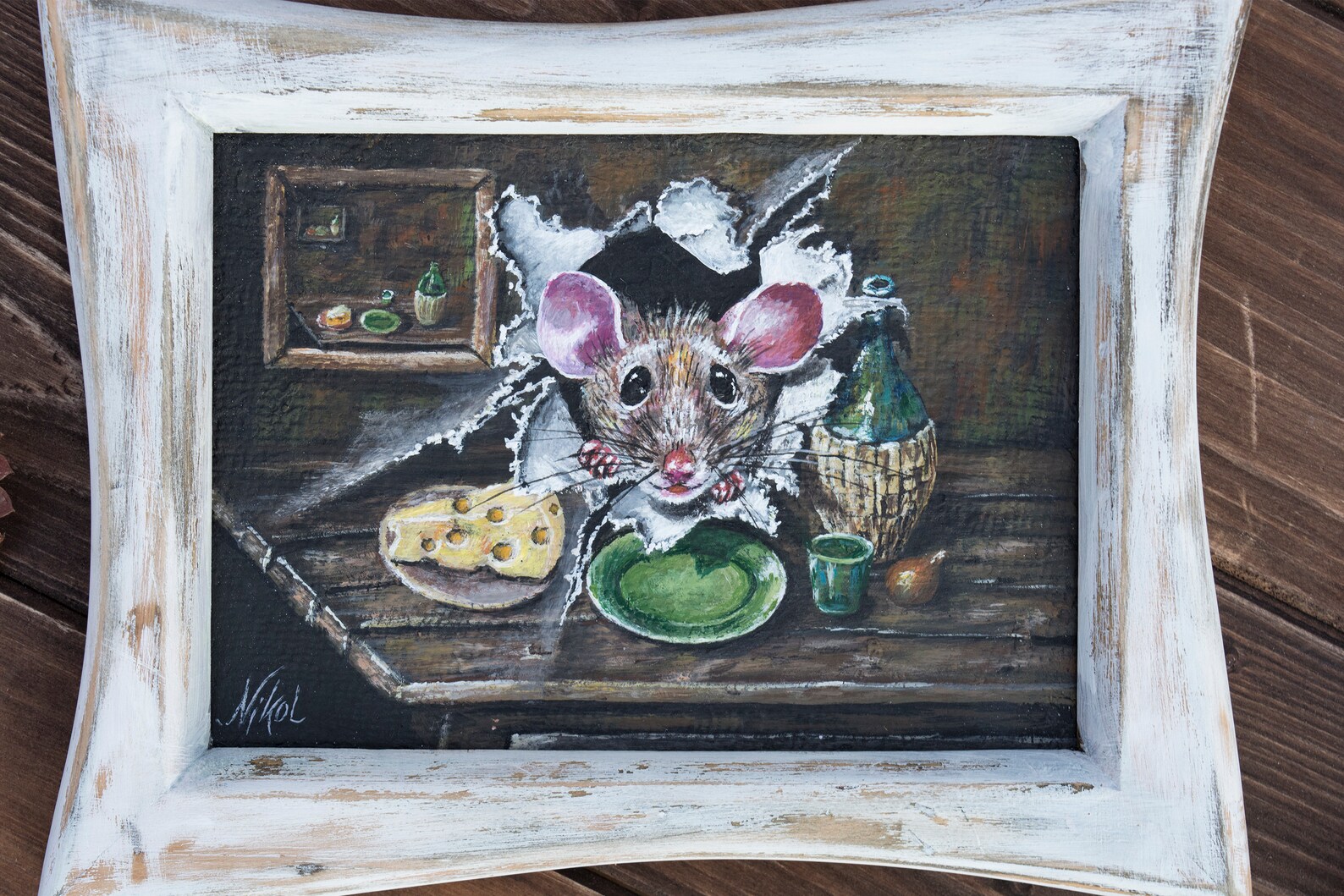Peeping Mouse Framed Painting, Small Gallery Artwork Original, Chewed ...
