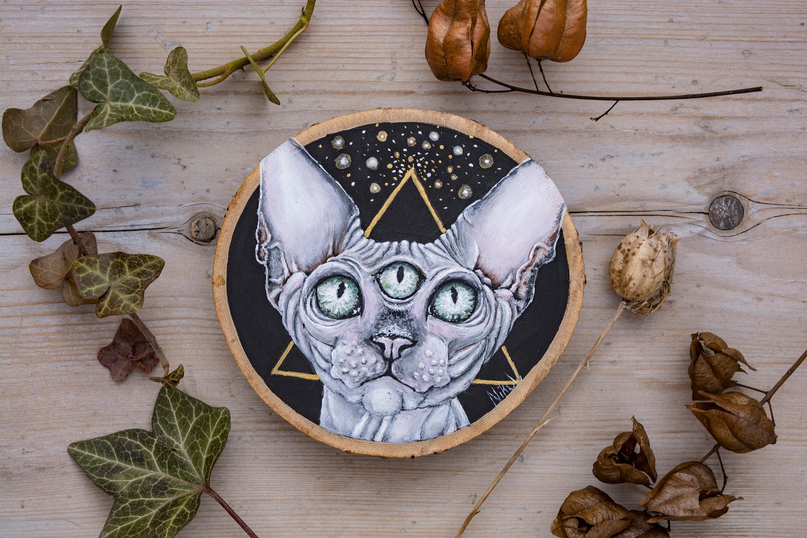 Sphynx Third Eye Cat Painting on Wood Slice, Cats Spirit Animal ...