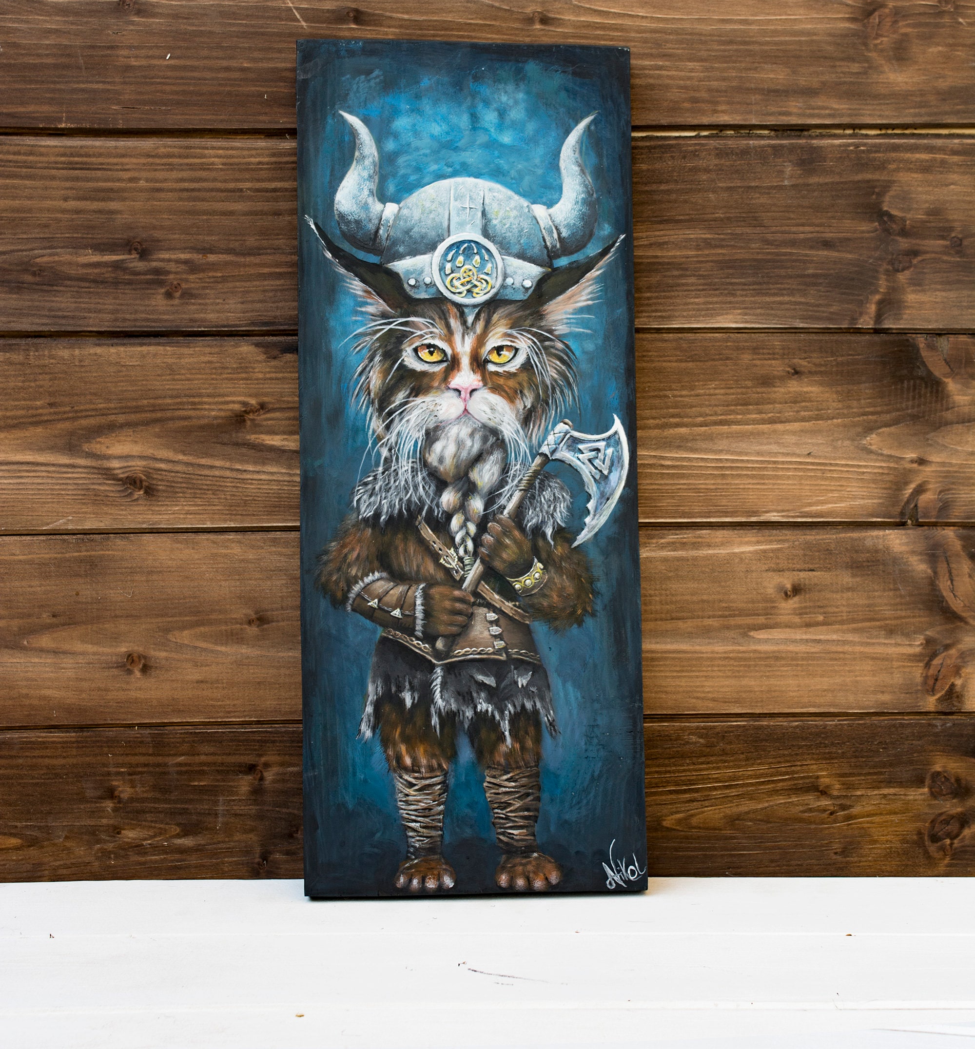 Viking Cat Painting Norwegian Forest Cat Fantasy Wall Art - Etsy