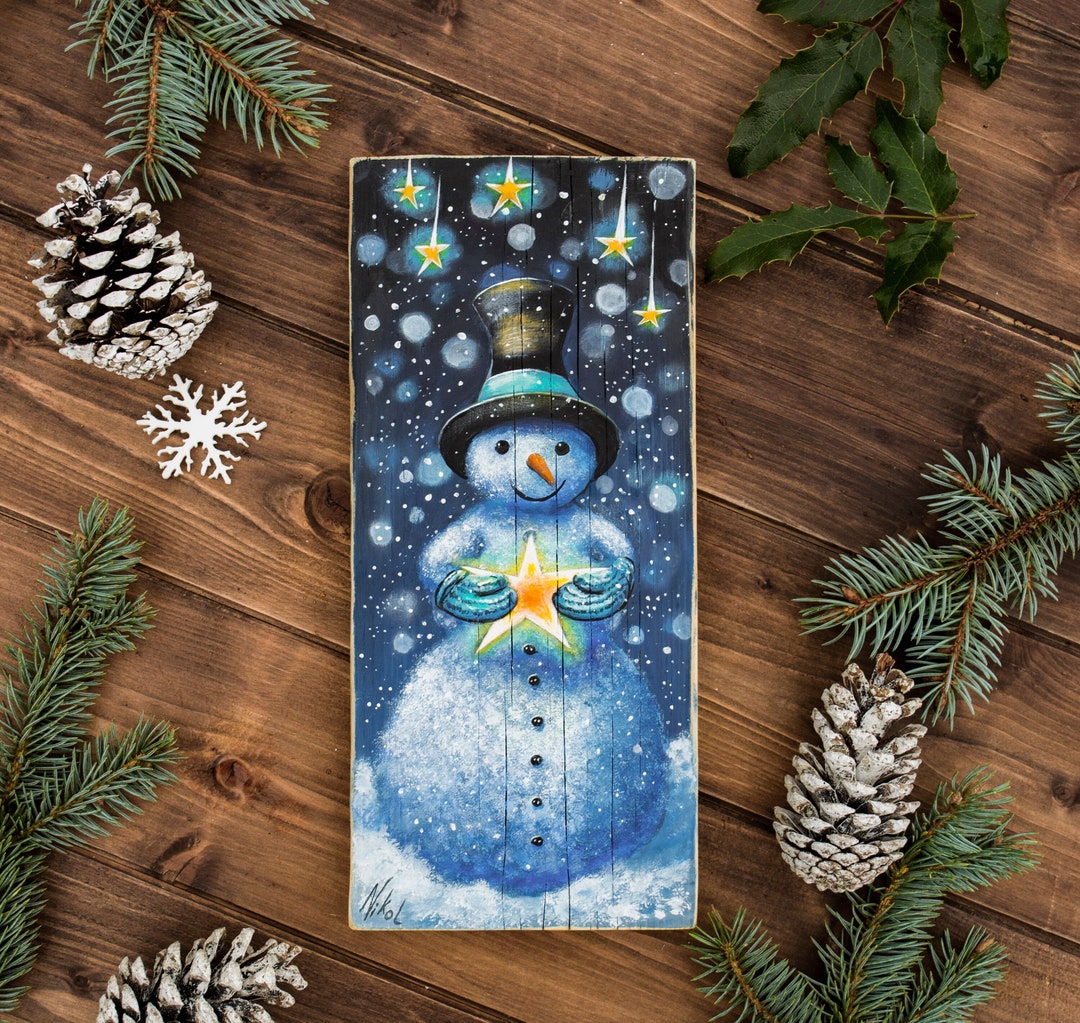Cute Small Snowman Painting on Rustic Wood, Rustic Christmas Wall Art ...