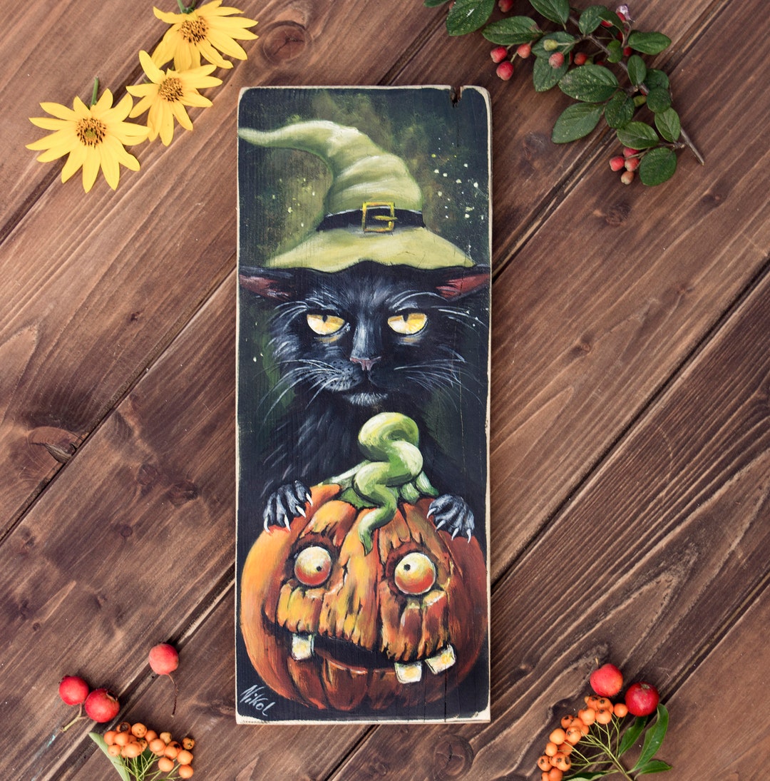 Halloween Black Cat Original Painting, Rustic Witchy Wall Art - Etsy
