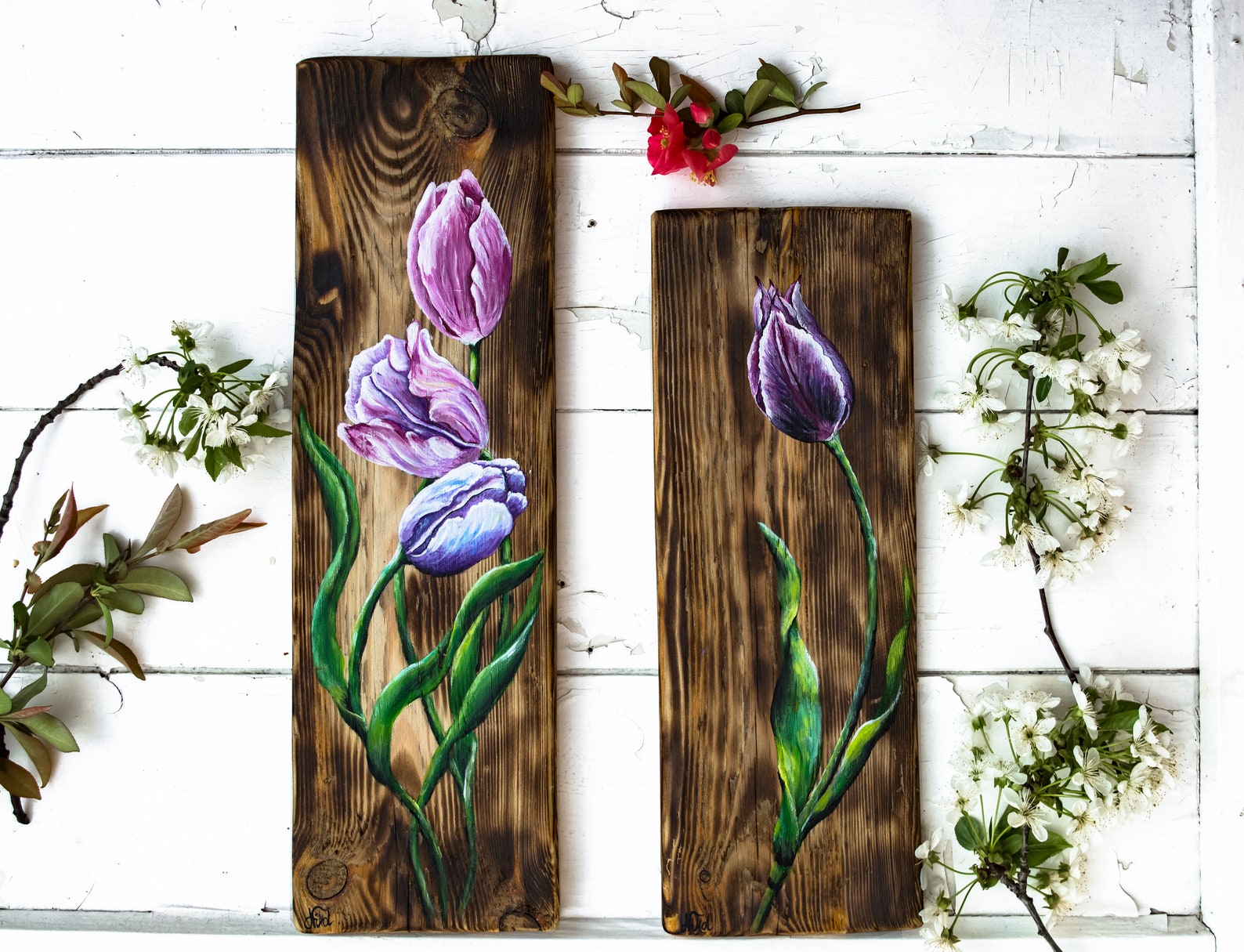 Rustic Tulip Decoration Set, Tulip Painting on Barn Wood, Spring ...