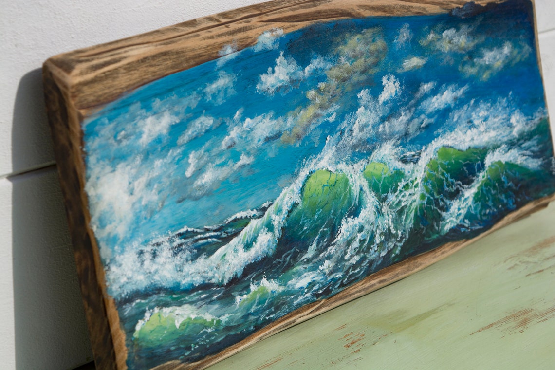 Ocean Wave Painting on Rustic Wood, Seascape Wall Art, Nautical Decor ...