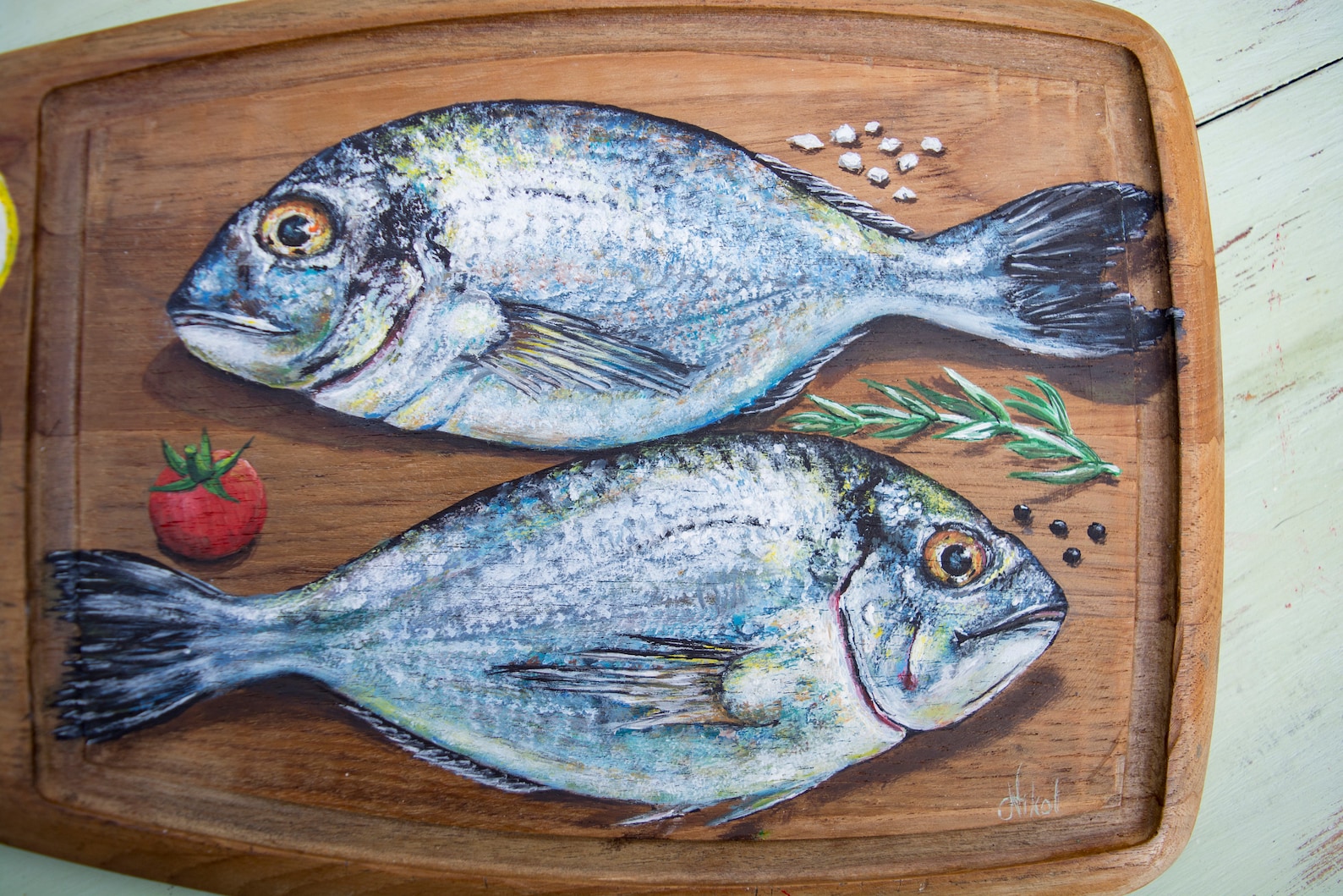 Fish Painting on Vintage Cutting Board Realistic Food - Etsy