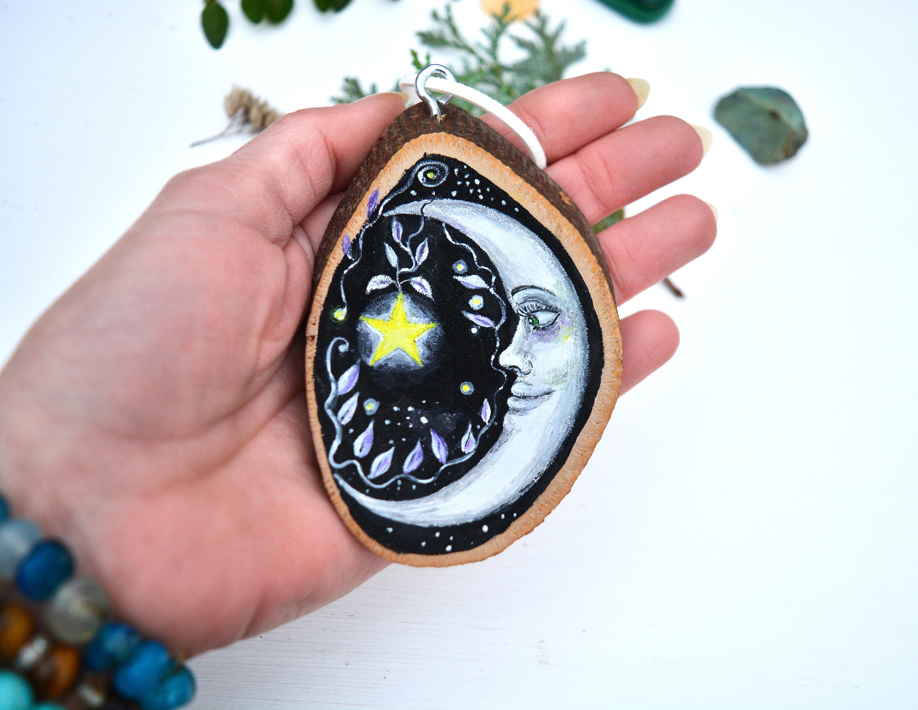 Crescent Moon Painting Wood Slice Celestial Mini Wall Decor - Etsy