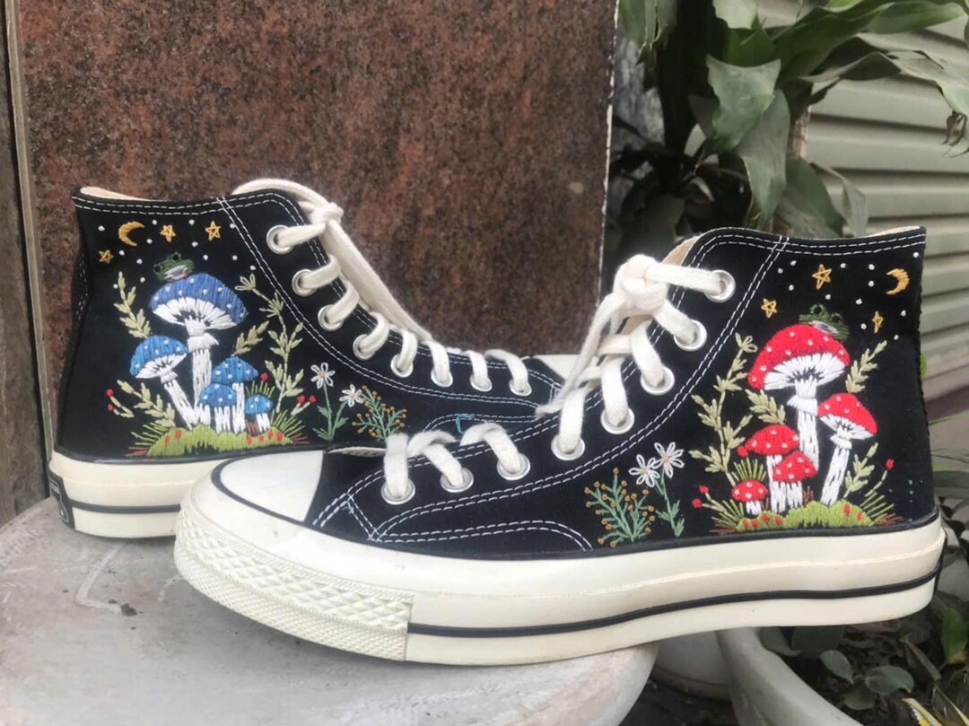 Frog / Mushroom Embroidered Converse Custom - Embroidery Converse With ...