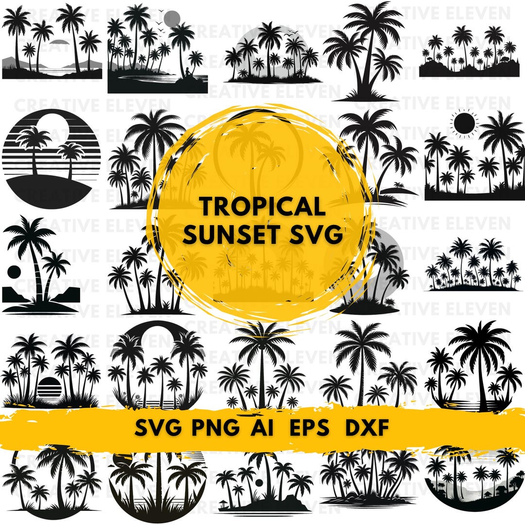 Tropical Sunset SVG, Beach Palm Tree SVG, Summer Sunset Clipart ...