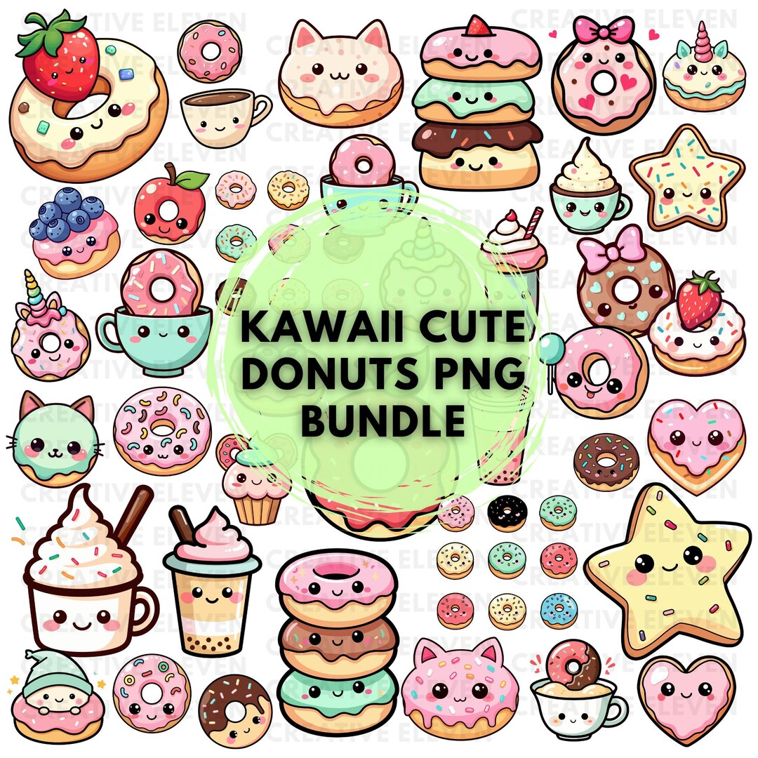 Kawaii Cute Donuts PNG Bundle, Sweet Dessert Clipart Set With Boba ...