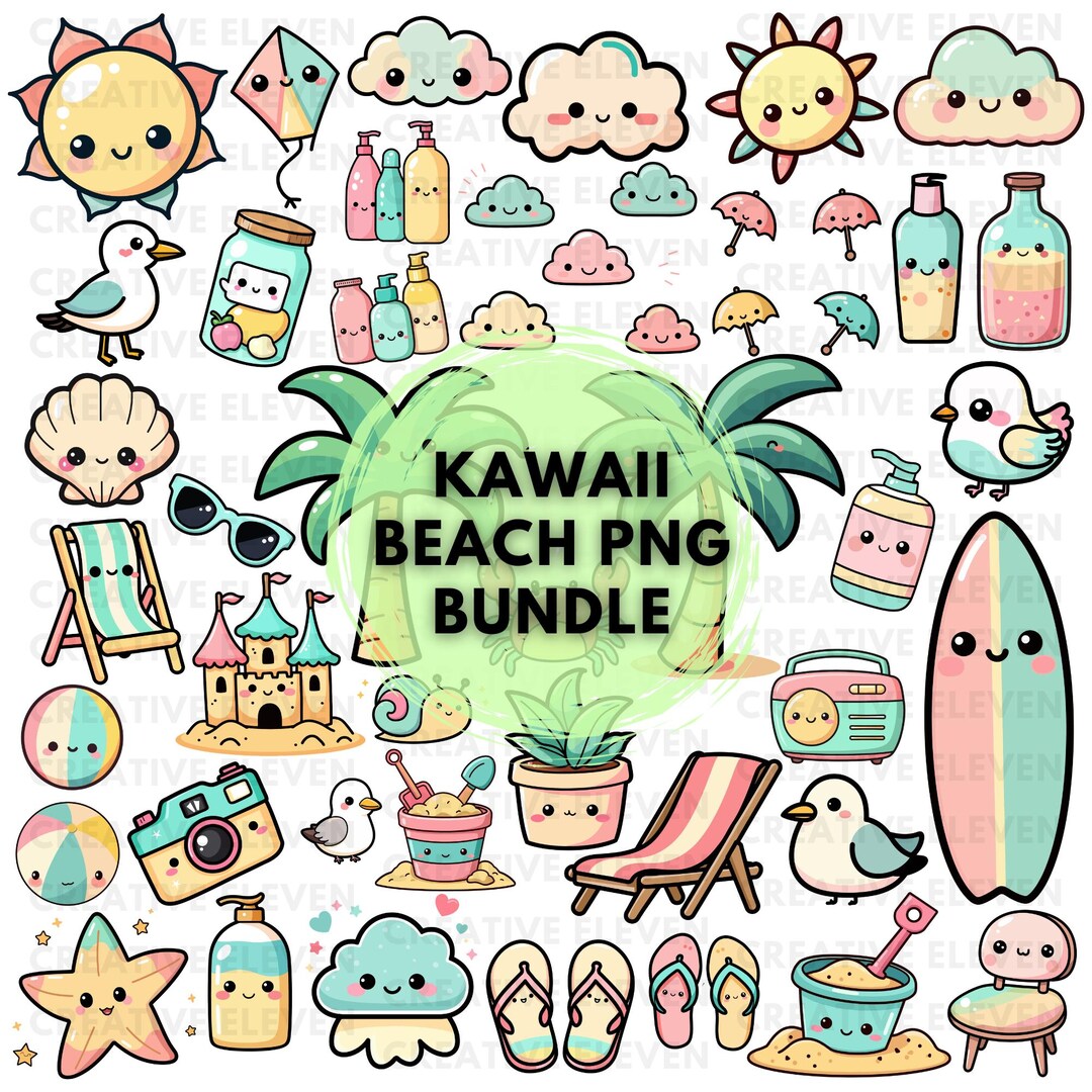 Kawaii Beach PNG Bundle | Cute Summer Clipart | Beach Sticker Printable ...