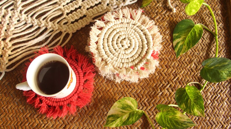 Macrame Red and Natural off White Tea Coasters Table Décor | Etsy