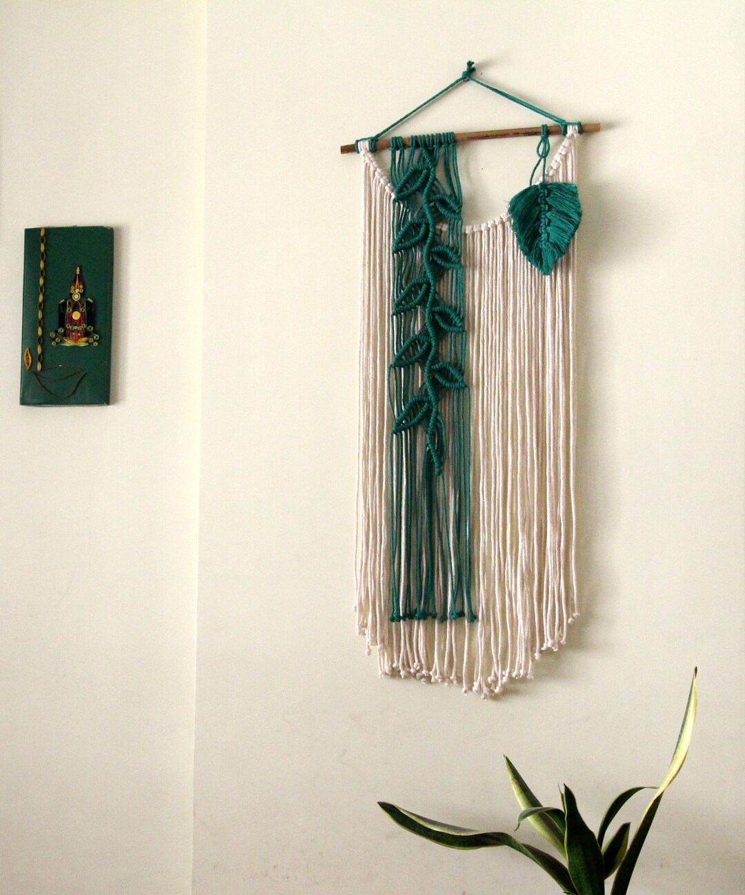 Macrame Wall Hanging: Ivory Tapestry With Green Vine Decor - Etsy