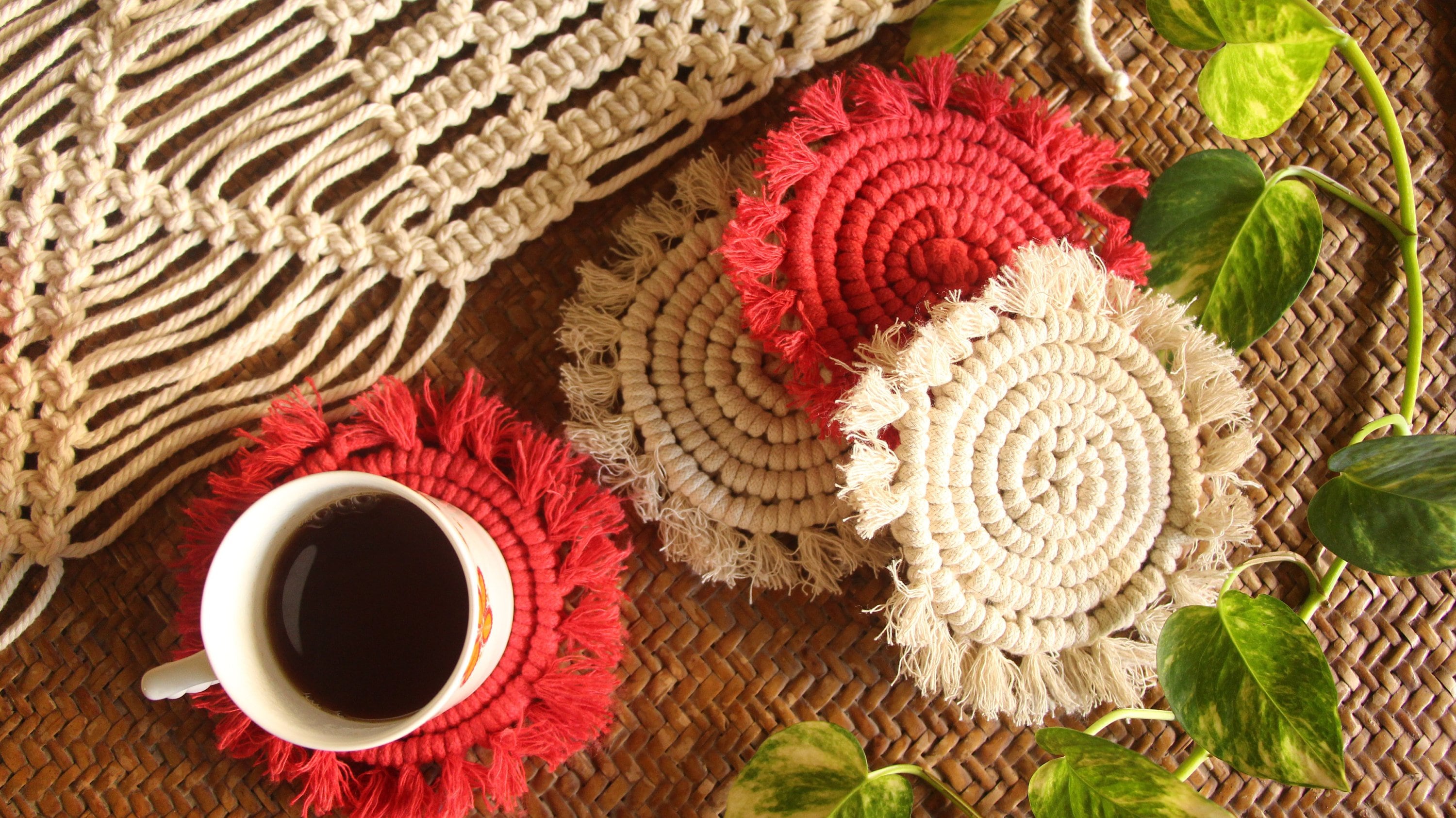 Macrame Red and Natural Off White Tea Coasters Table Décor | Etsy