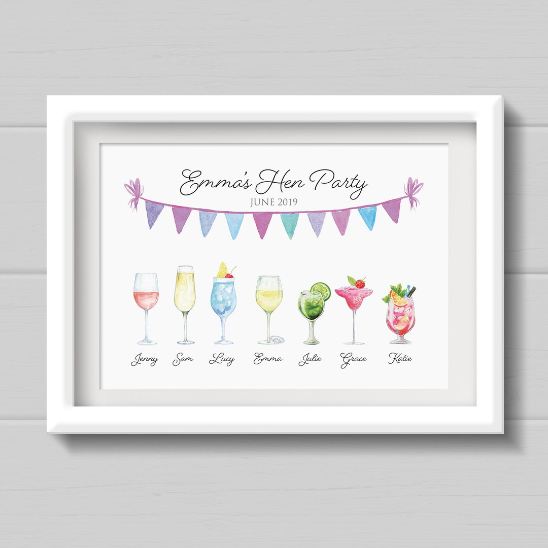 Personalised Hen Party Drinks Print With Bride and Bridesmaids. Hen ...