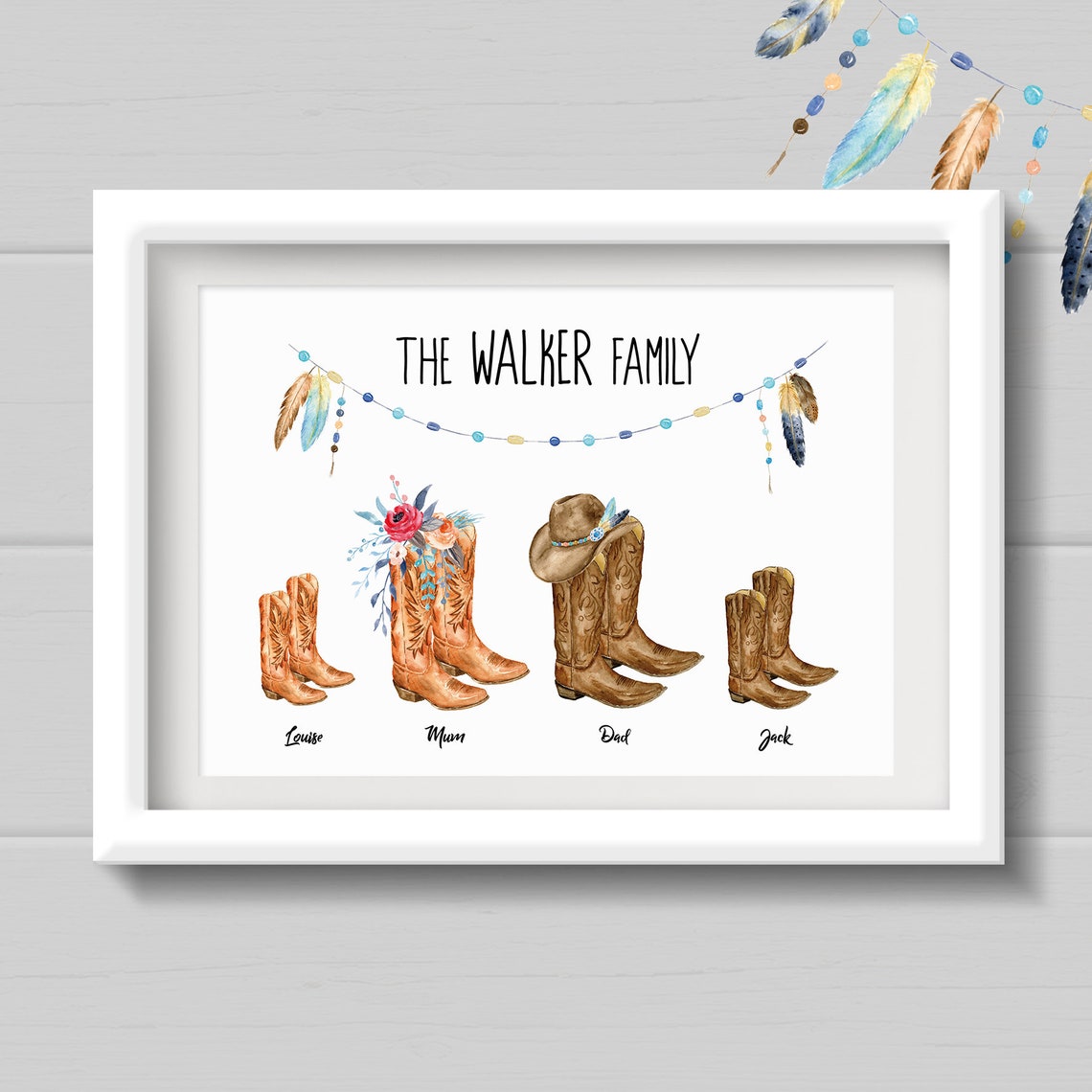 Cowboy Boots Family Personalised Print With Feathers. Family - Etsy UK