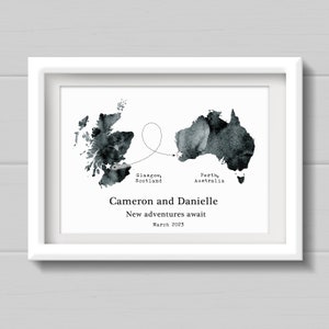 Moving Countries Gift, Personalised Watercolour Style Map Print, Travel ...