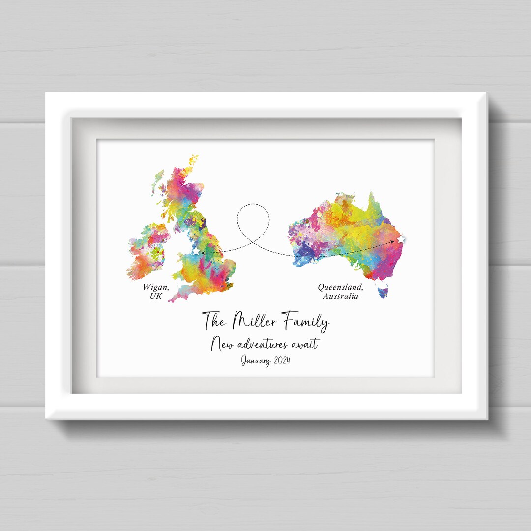 Moving Abroad Gift, Personalised Watercolour Style Map Print, Travel ...