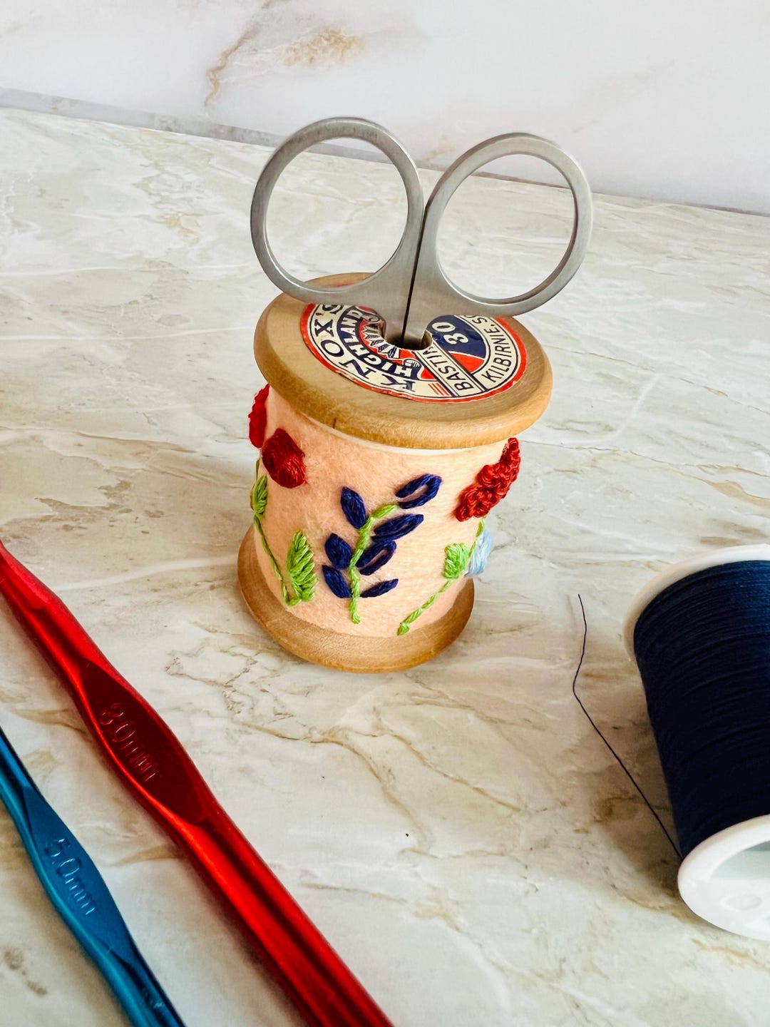 Vintage Cotton Reel Scissors Holder Upcycled Embroidered Sewing ...
